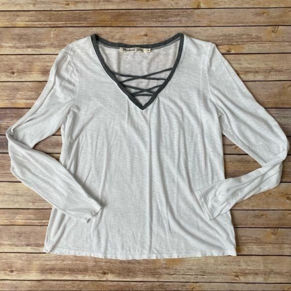 Michael Stars | Tops | Michael Stars Gray Trim Crossed V Neck White Tee ...